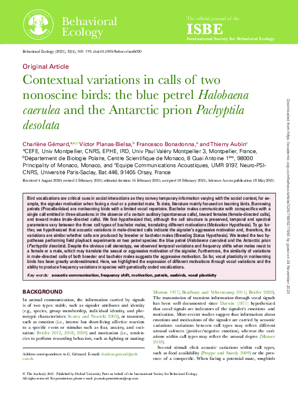 (PDF) Contextual variations in calls of two nonoscine birds: the blue ...