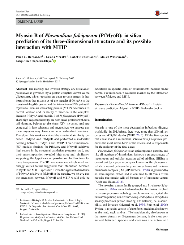 (PDF) Myosin B of Plasmodium falciparum (PfMyoB): in silico prediction ...