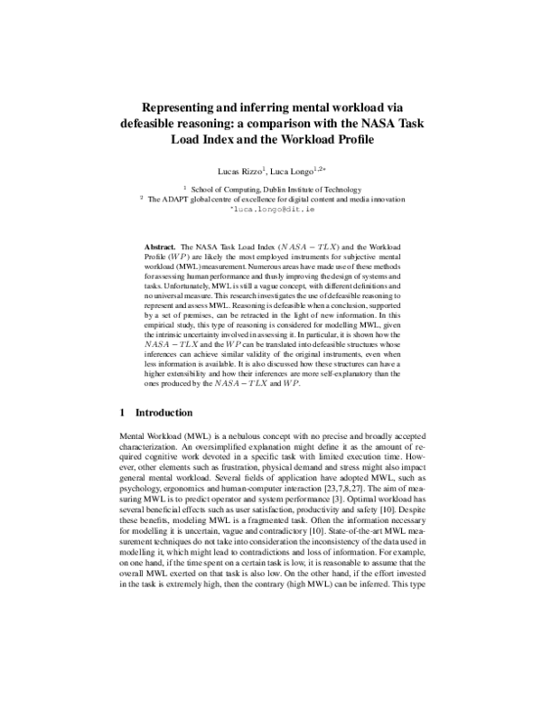 (PDF) Representing and Inferring Mental Workload via Defeasible ...