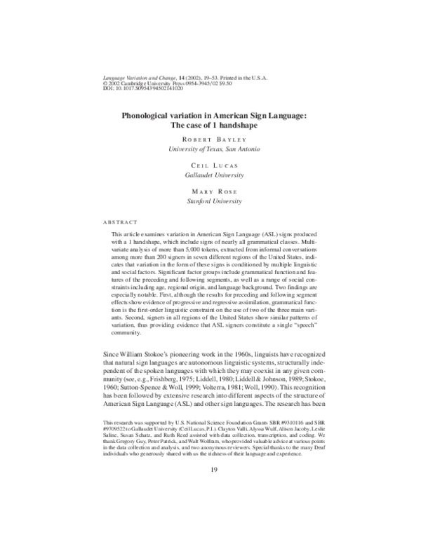 (PDF) Phonological variation in American Sign Language: The case of 1 ...