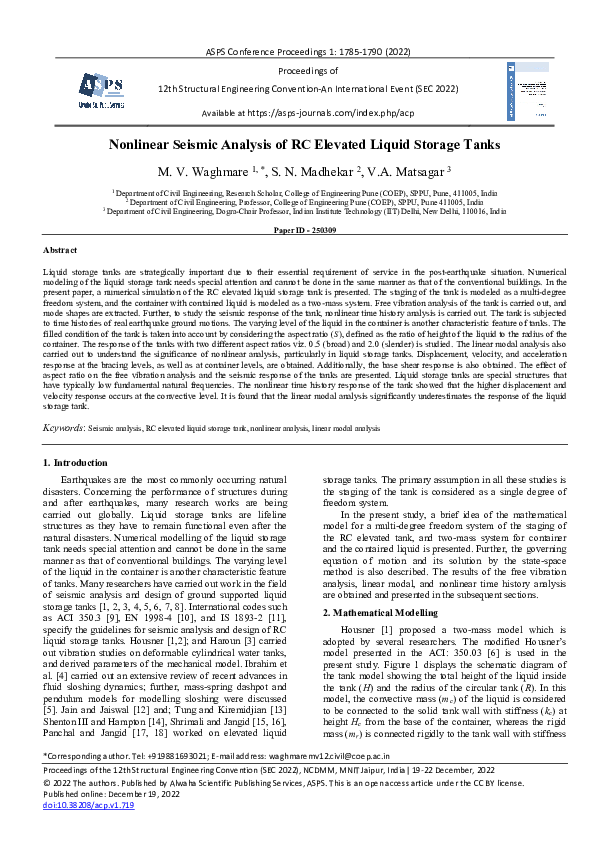 (PDF) Nonlinear Seismic Analysis of RC Elevated Liquid Storage Tanks (PDF) Nonlinear Seismic Analysis of RC Elevated Liquid Storage Tanks