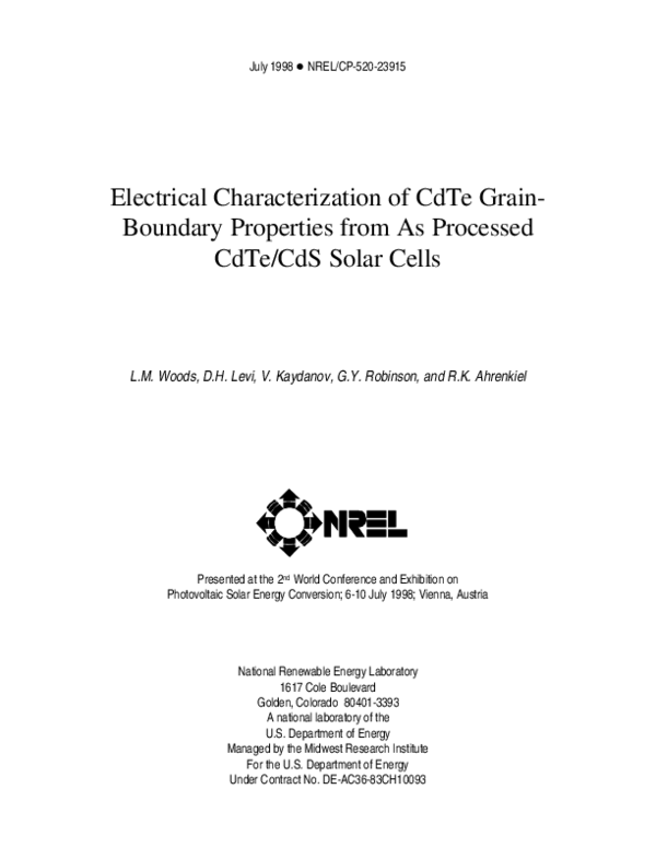 (PDF) Electrical Characterization of CdTe Grain-Boundary Properties from As-Processed CdTe/CdS ...