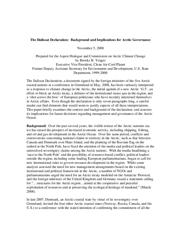 (PDF) The Ilulissat Declaration: Background and Implications for Arctic ...
