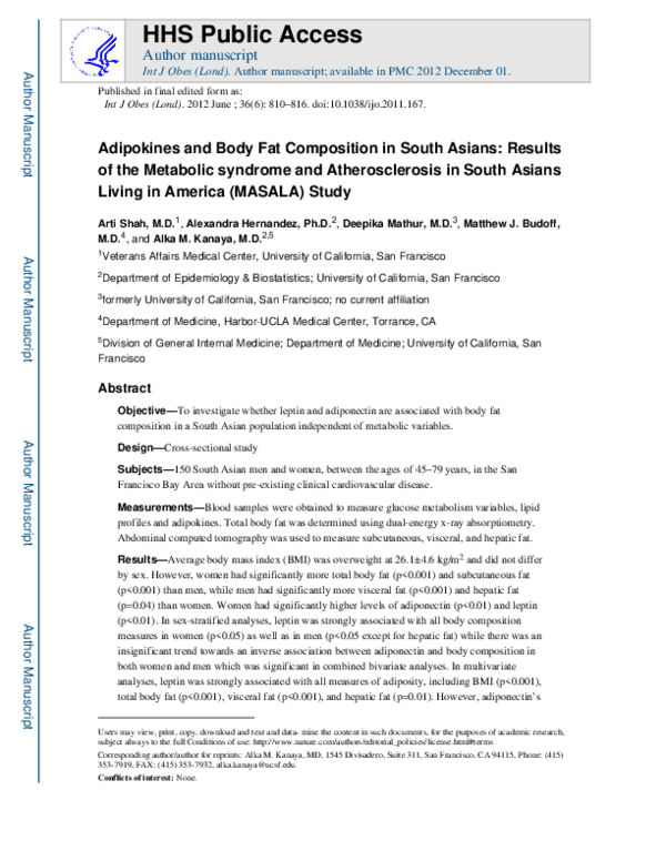 (PDF) Adipokines and body fat composition in South Asians: results of the Metabolic Syndrome and ...