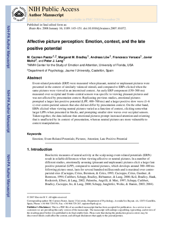 (PDF) Affective picture perception: Emotion, context, and the late positive potential