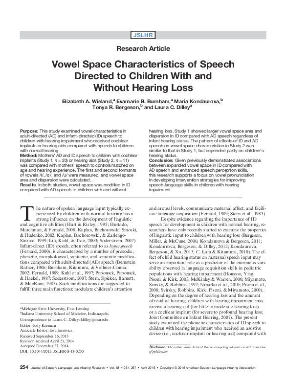 (PDF) Vowel Space Characteristics of Speech Directed to Children With and Without Hearing Loss