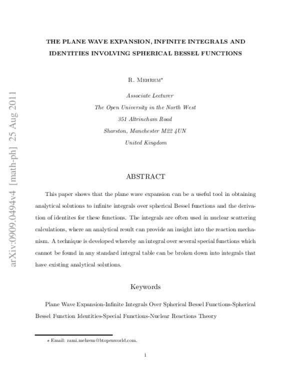 (PDF) The Plane Wave Expansion, Infinite Integrals and Identities ...
