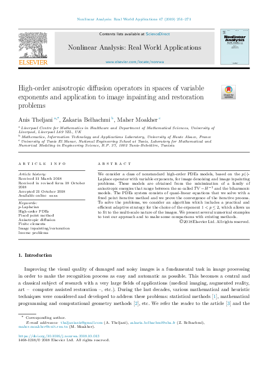 Pdf High Order Anisotropic Diffusion Operators In Spaces Of Variable Exponents And Application