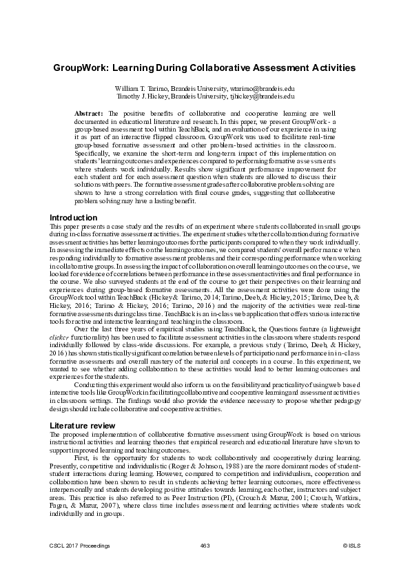 (PDF) GroupWork: Learning During Collaborative Assessment Activities