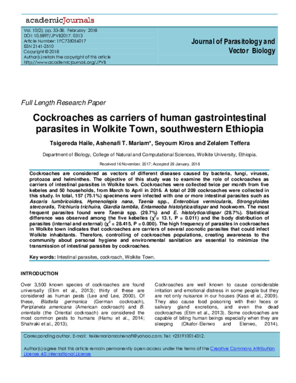 (PDF) Cockroaches as carriers of human gastrointestinal parasites in ...