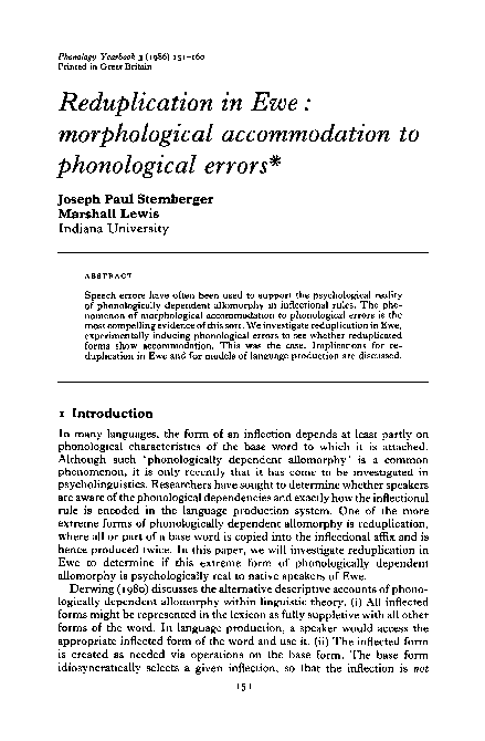 (PDF) Reduplication in Ewe:morphological accommodation to phonological errors