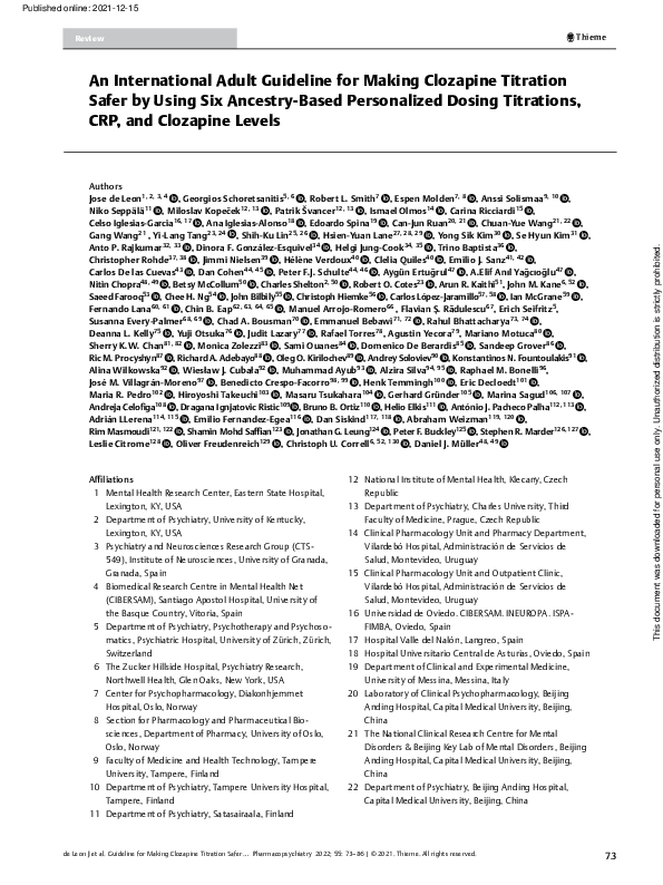 (PDF) An International Adult Guideline for Making Clozapine Titration ...