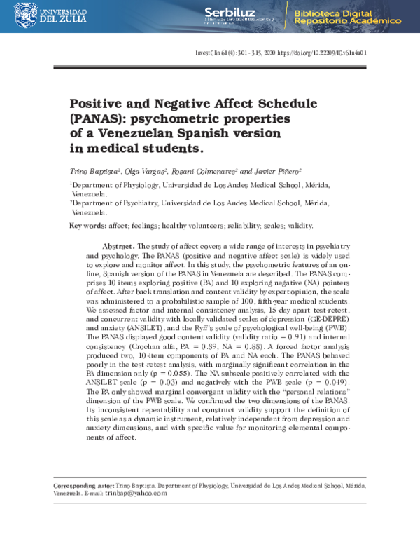 (PDF) Positive and Negative Affect Schedule (PANAS): psychometric ...