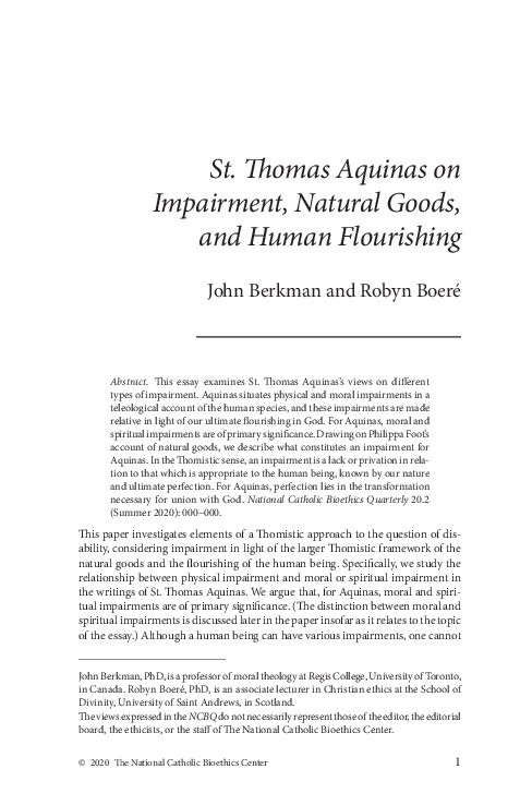 (PDF) St. Thomas Aquinas on Impairment, Natural Goods, and Human ...