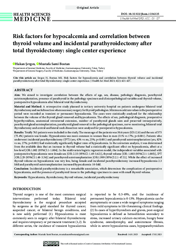 Pdf Risk Factors For Hypocalcemia And Correlation Between Thyroid Volume And Incidental