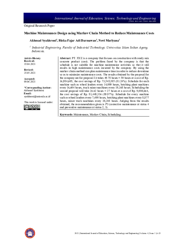 (PDF) Machine Maintenance Design using Markov Chain Method to Reduce Maintenance Costs