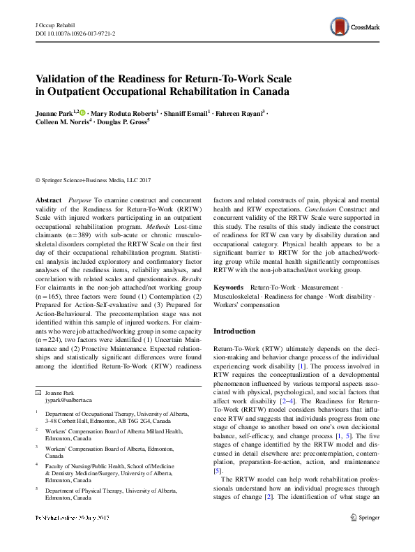 (PDF) Validation of the Readiness for Return-To-Work Scale in ...