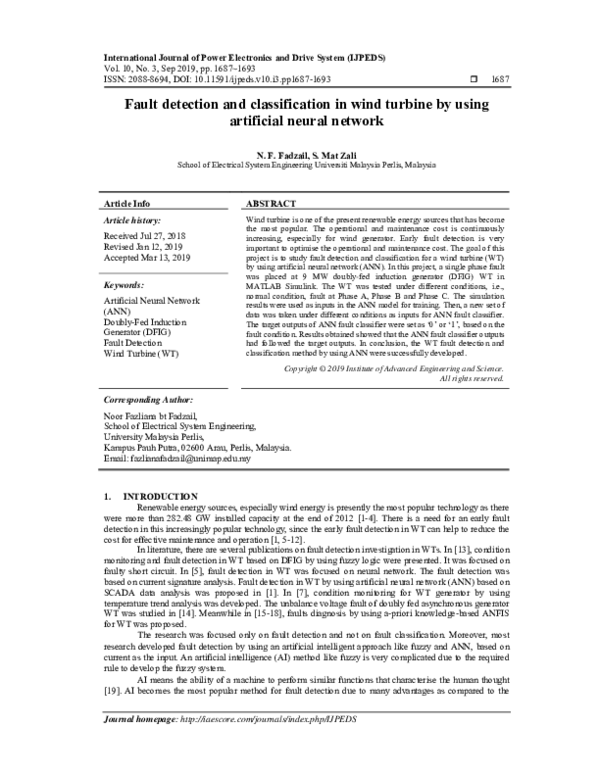 Pdf Fault Detection And Classification In Wind Turbine By Using Artificial Neural Network