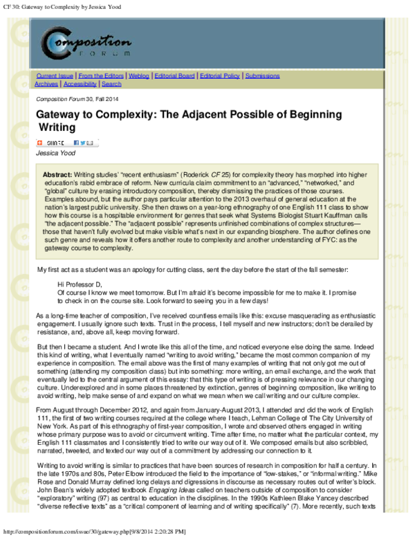 (PDF) Gateway to Complexity: The Adjacent Possible of Beginning Writing