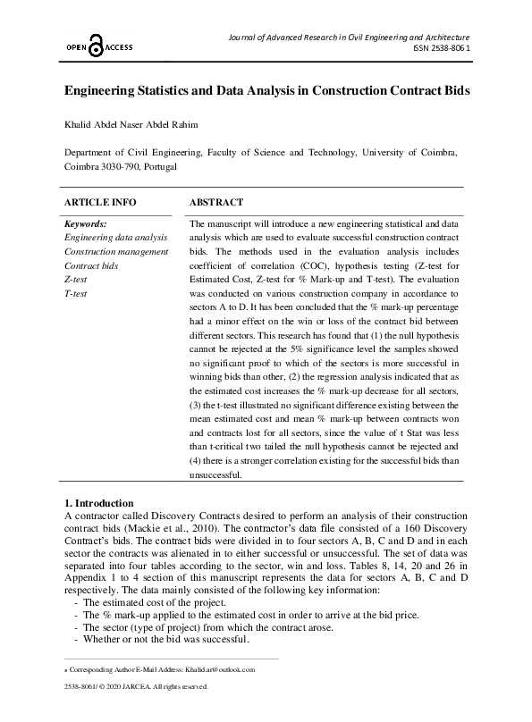 (PDF) Engineering Statistics and Data Analysis in Construction Contract Bids