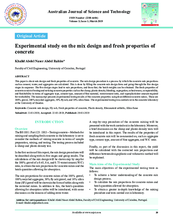 (PDF) Experimental study on the mix design and fresh properties of concrete