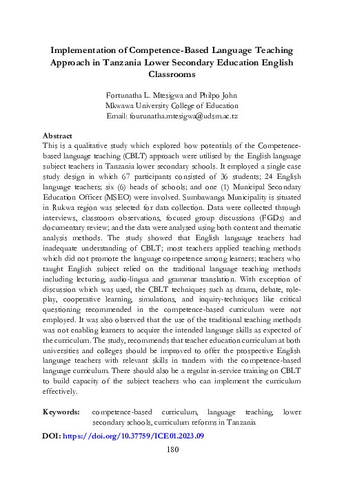 (PDF) Implementation of Competence-Based Language Teaching Approach in Tanzania Lower Secondary ...