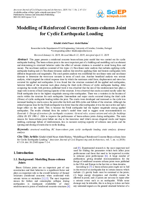 Pdf Modelling Of Reinforced Concrete Beam Column Joint For Cyclic