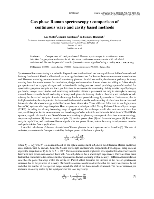 (PDF) Gas phase Raman spectroscopy : comparison of continuous wave and ...