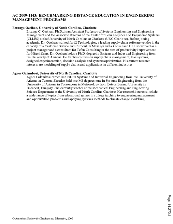 (PDF) Benchmarking Distance Education In Engineering Management Programs