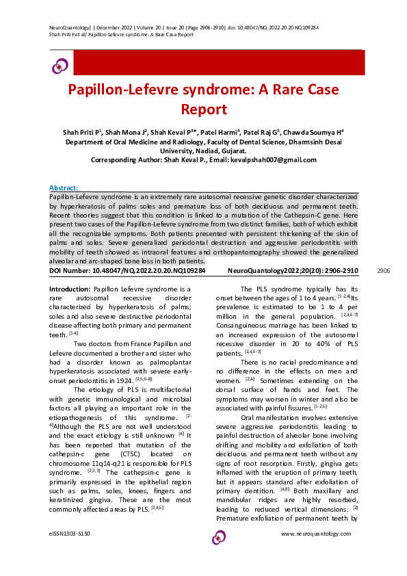 (PDF) Papillon-Lefevre syndrome: A Rare Case Report | Dr Keval Shah ...