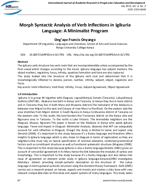 (PDF) Morph Syntactic Analysis of Verb Inflections in Igikuria Language: A Minimalist Program ...