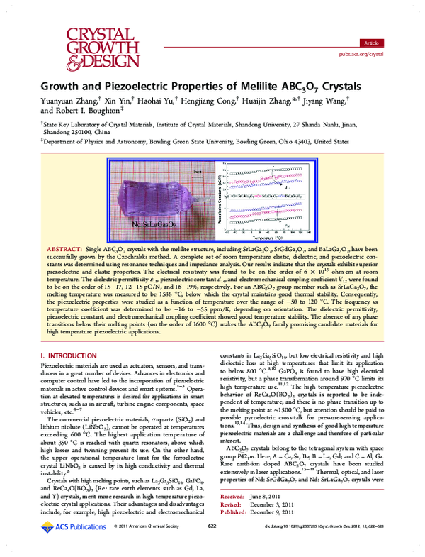 (PDF) Growth and Piezoelectric Properties of Melilite ABC3O7 Crystals