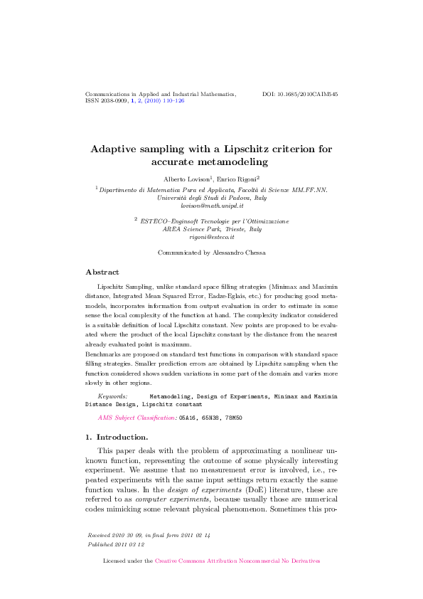 Pdf Adaptive Sampling With A Lipschitz Criterion For Accurate