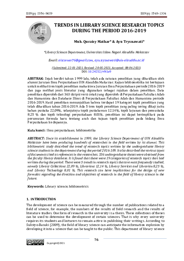 (PDF) Trends in Library Science Research Topics during the Period 2016-2019