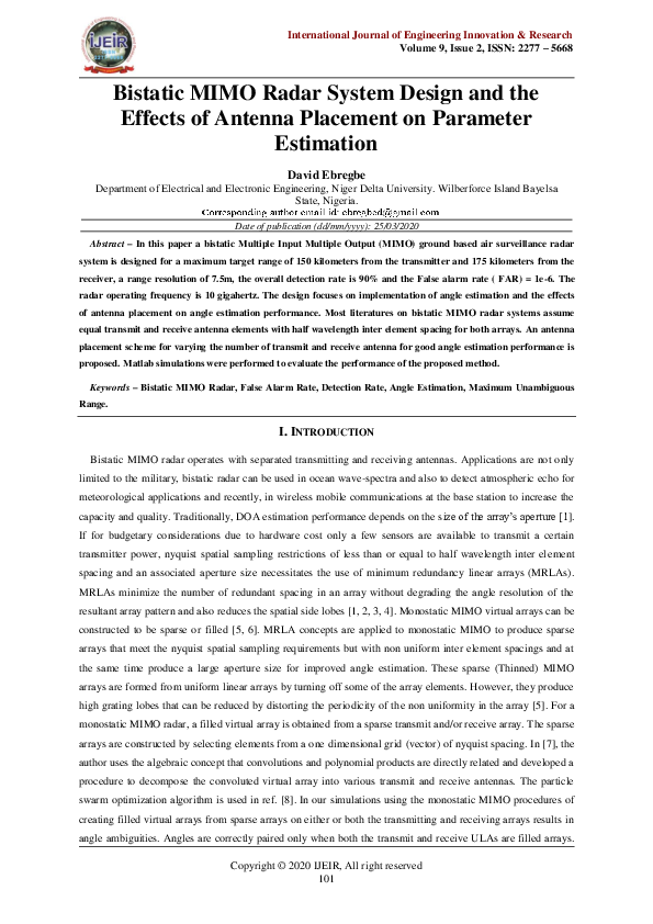 Pdf Bistatic Mimo Radar System Design And The Effects Of Antenna Placement On Parameter Estimation