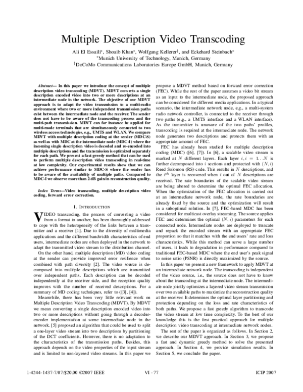 (PDF) Multiple Description Video Transcoding