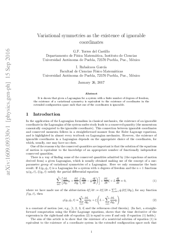 (PDF) Variational symmetries as the existence of ignorable coordinates