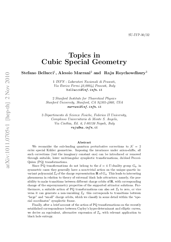 (PDF) Topics in cubic special geometry