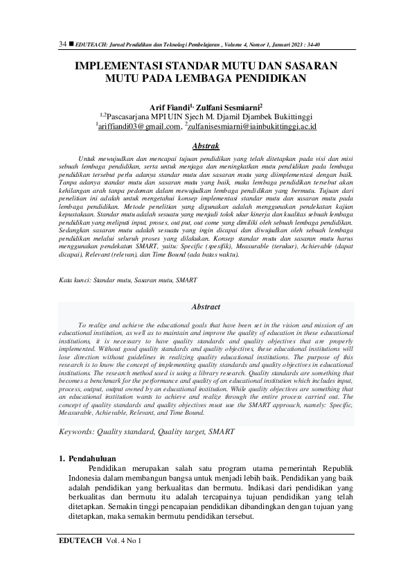 (PDF) Implementasi Standar Mutu Dan Sasaran Mutu Pada Lembaga Pendidikan
