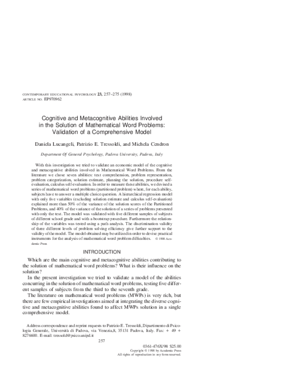 Pdf Cognitive And Metacognitive Abilities Involved In The Solution Of Mathematical Word