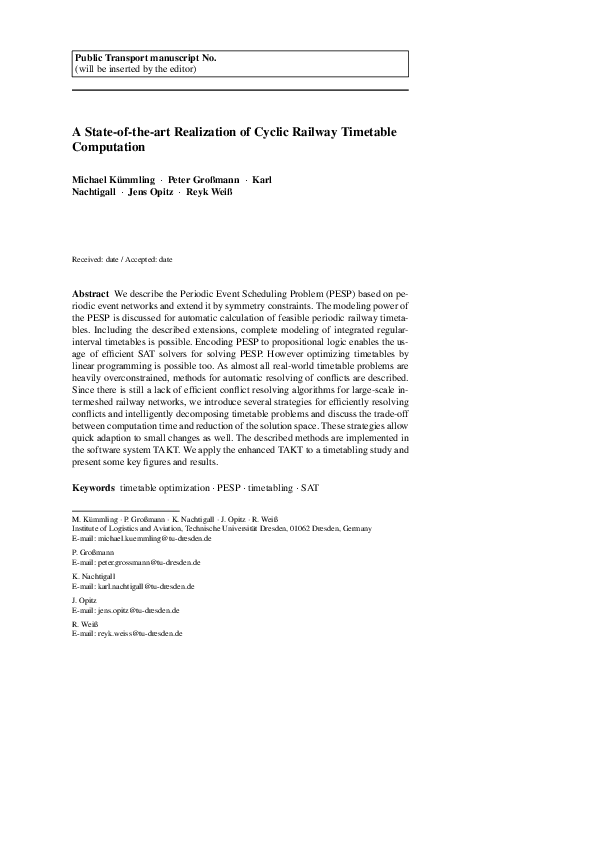 Pdf A State Of The Art Realization Of Cyclic Railway Timetable Computation