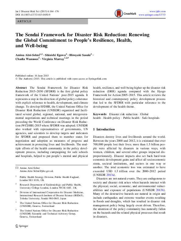 (PDF) The Sendai Framework for Disaster Risk Reduction: Renewing the ...