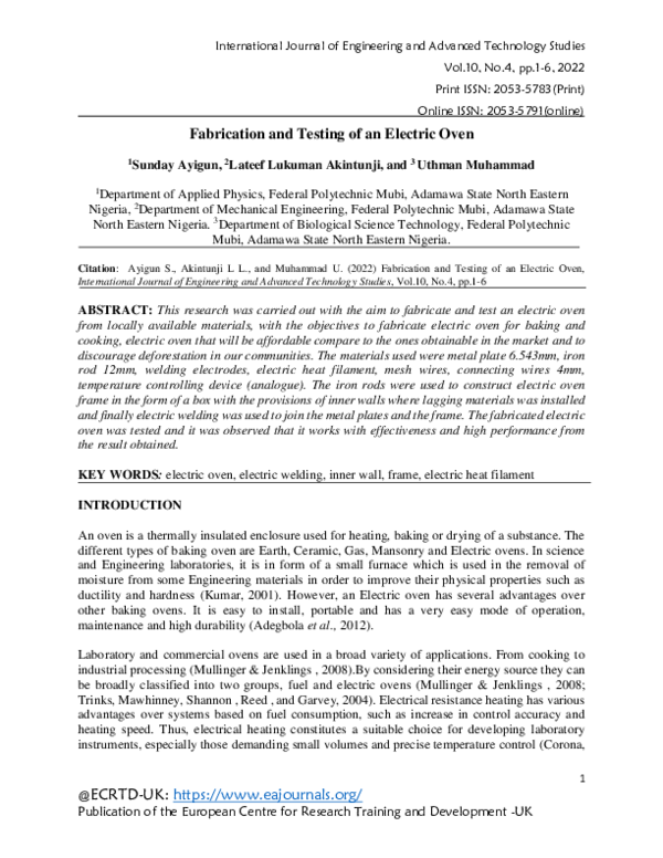 (PDF) Fabrication and Testing of an Electric Oven