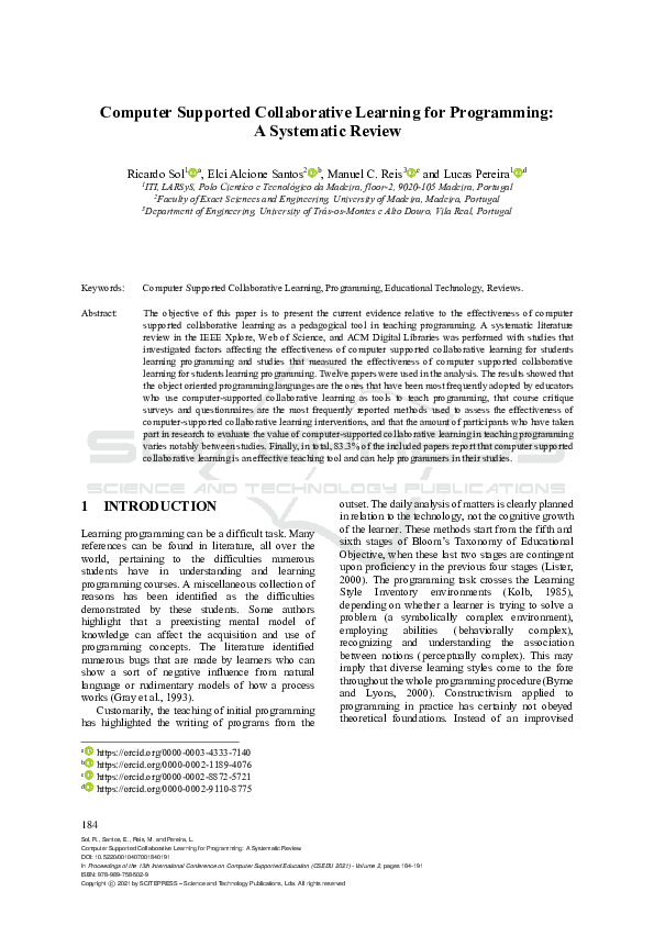 (PDF) Computer Supported Collaborative Learning for Programming: A Systematic Review | Ricardo ...