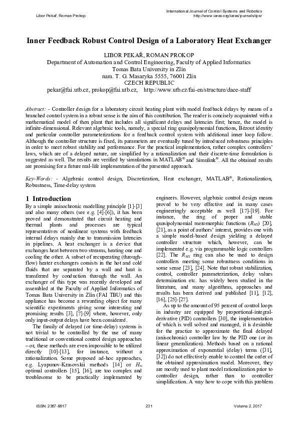 (PDF) Inner Feedback Robust Control Design of a Laboratory Heat Exchanger