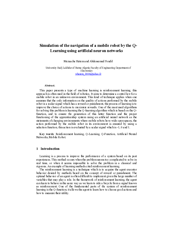 Pdf Simulation Of The Navigation Of A Mobile Robot By The Qlearning Using Artificial Neuron