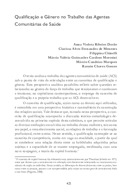 (PDF) Qualificação e gênero no trabalho das Agentes Comunitárias de Saúde