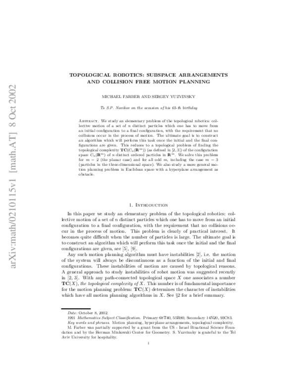 (PDF) Topological Robotics: Subspace Arrangements and Collision Free Motion Planning | Sergey ...