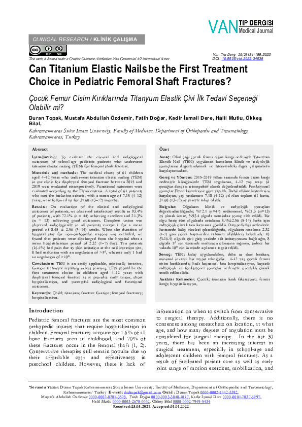 (PDF) Can Titanium Elastic Nails be the First Treatment Choice in Pediatric Femoral Shaft ...
