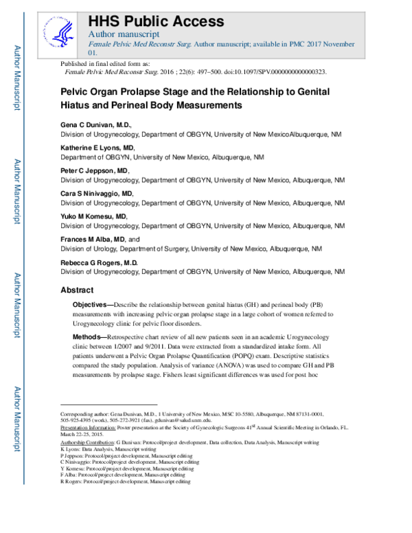 (PDF) Pelvic Organ Prolapse Stage and the Relationship to Genital Hiatus and Perineal Body ...